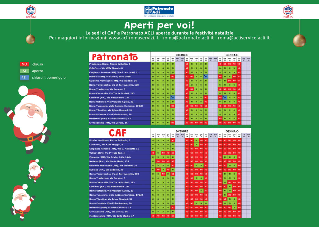 Festività natalizie, il calendario di apertura delle nostre sedi di CAF ...